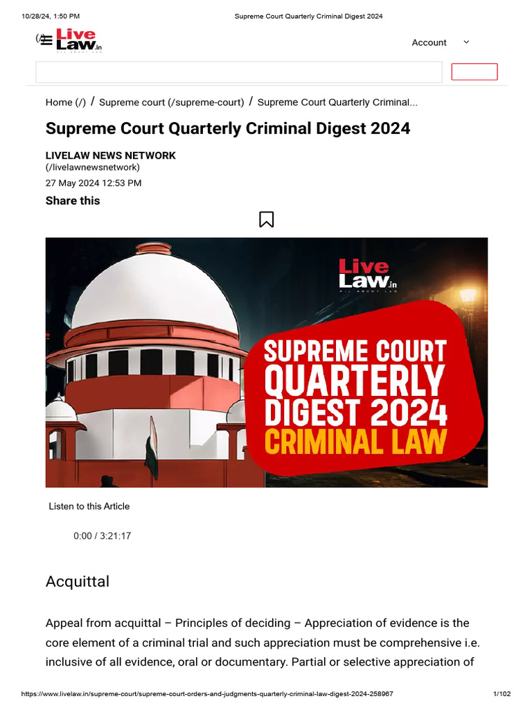 Supreme Court Quarterly Criminal Digest 2024_Livelaw | PDF | Bail | Pardon