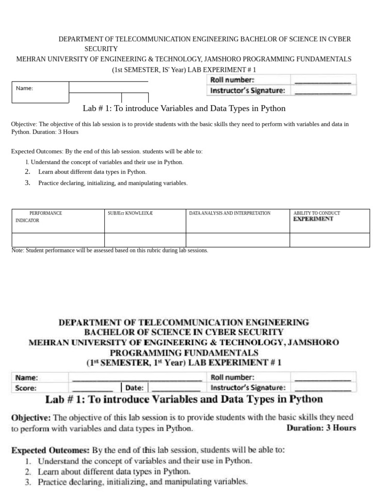 Lab # 1: To Introduce Variables and Data Types in Python: Name | PDF