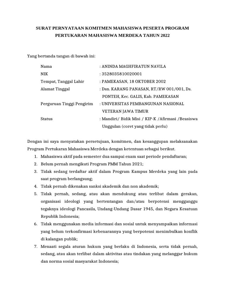 Surat Komitmen Mahasiswa PMM 2022 | PDF