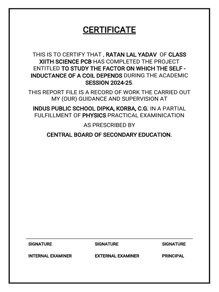 Certificate of Project Completion in Physics | PDF