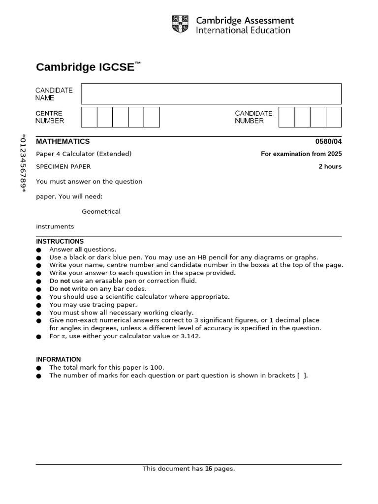 2025 Specimen Paper 4 | PDF | Area | Sphere
