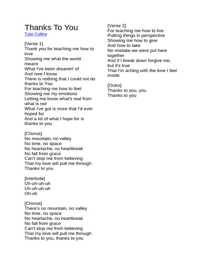 Thanks to You - Tyler Collins Lyrics | PDF
