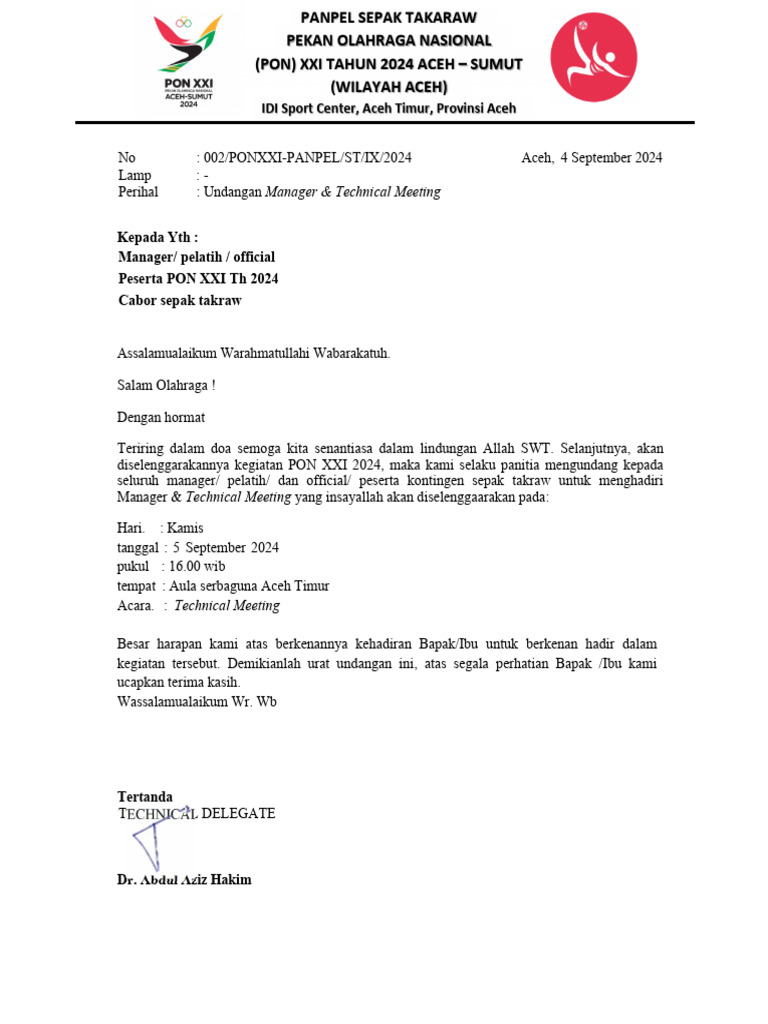 002 Undangan Manager & Technical Meeting Sepaktakraw | PDF