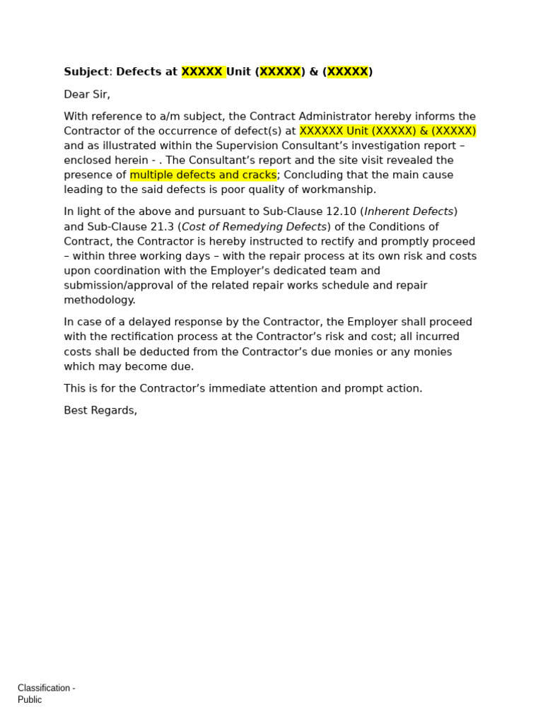 Defect Notification for XXXXX Unit | PDF