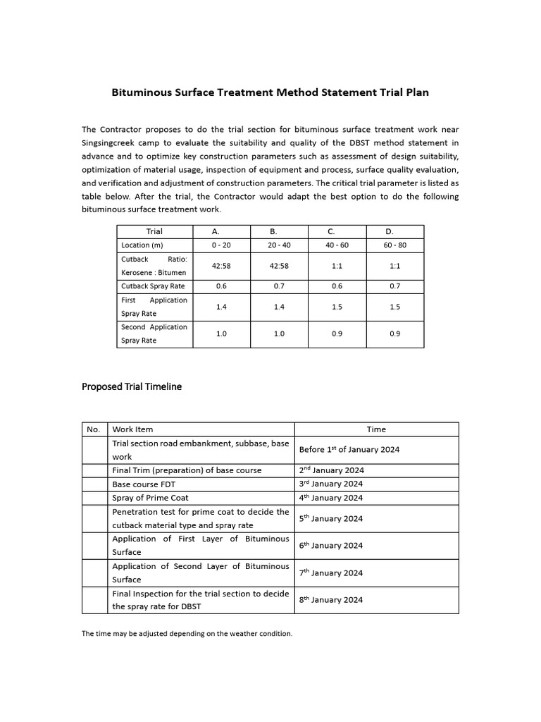 Bituminous Surface Treatment Method Statement Trial Plan | PDF | Road Surface | Materials