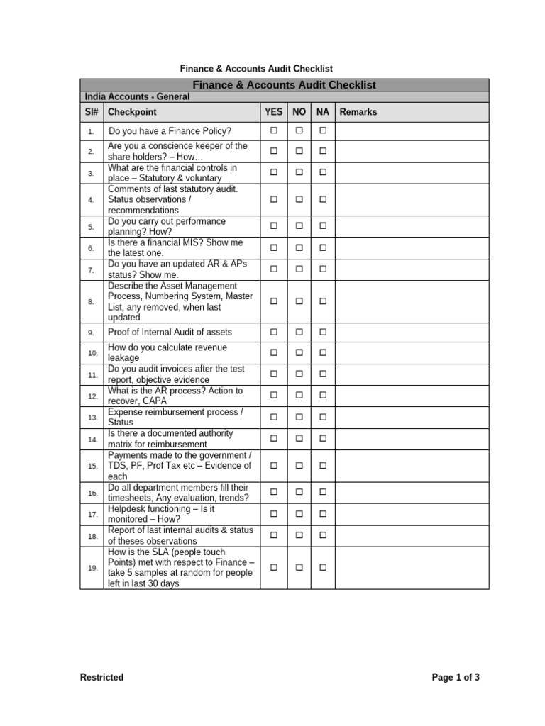 Finance Audit Checklist | PDF | Payroll | Service Level Agreement