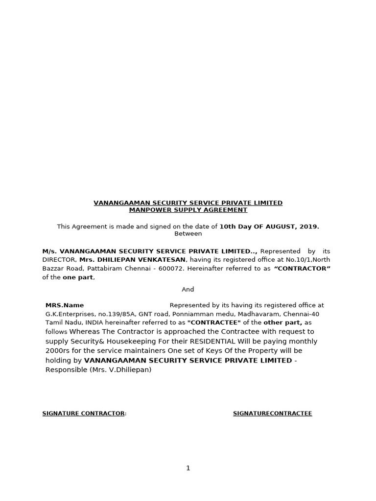 CONTRACT AGREEMENT For Madavaram | PDF | Security Guard | Business Law