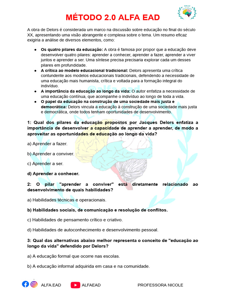 PDF EXPLICAÇÃO DELORS, Jaques. Educação. Um Tesouro A Descobrir. São ...