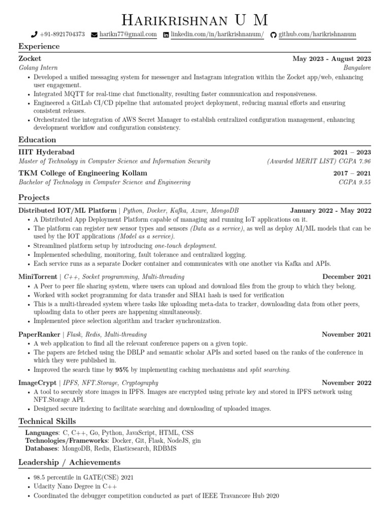 Resume Harikrishnan U M | PDF | Internet Of Things | Thread (Computing)
