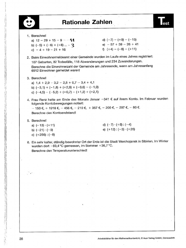 Rechnen mit rationalen Zahlen 4 __-___ | PDF