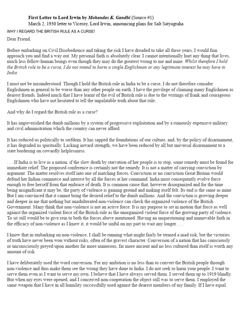 Gandhi's Letter to Lord Irwin on Salt Satyagraha | PDF | Nonviolence ...