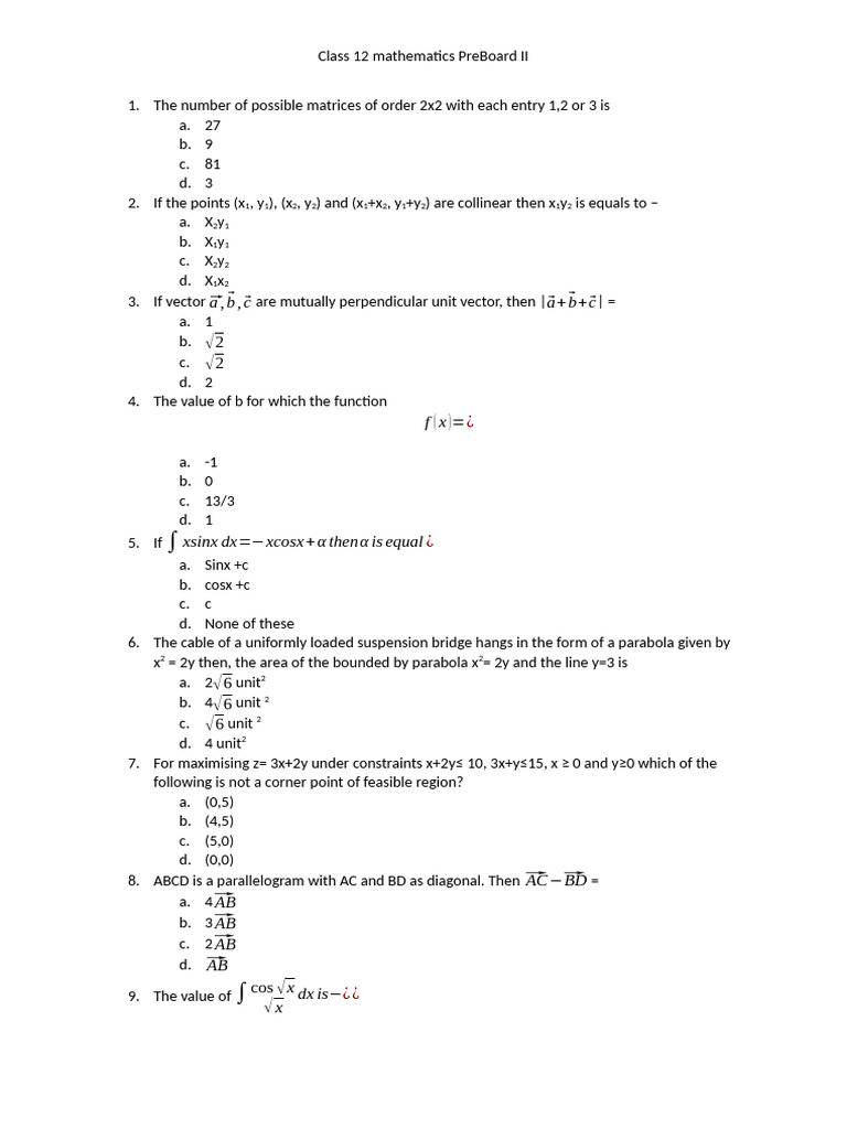 Math Preboard 2 | PDF | Determinant | Matrix (Mathematics)