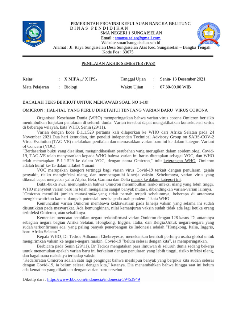 soal pas kelas x 2021-2022 | PDF