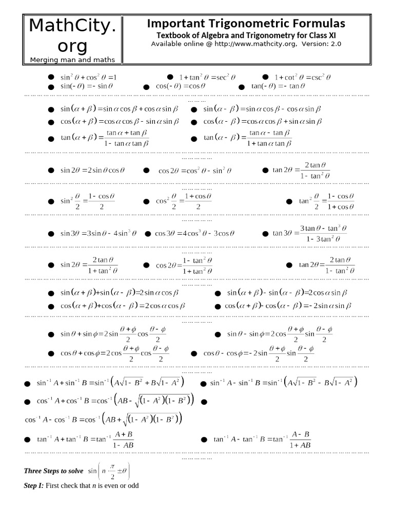 FSC I Trigonometry Formulas v2 | PDF | Trigonometry | Triangle Geometry