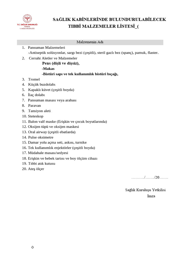Öattmb-Dk10 - Sağlik Kabi̇nleri̇nde Bulundurulabi̇lecek Tibbi̇ ...