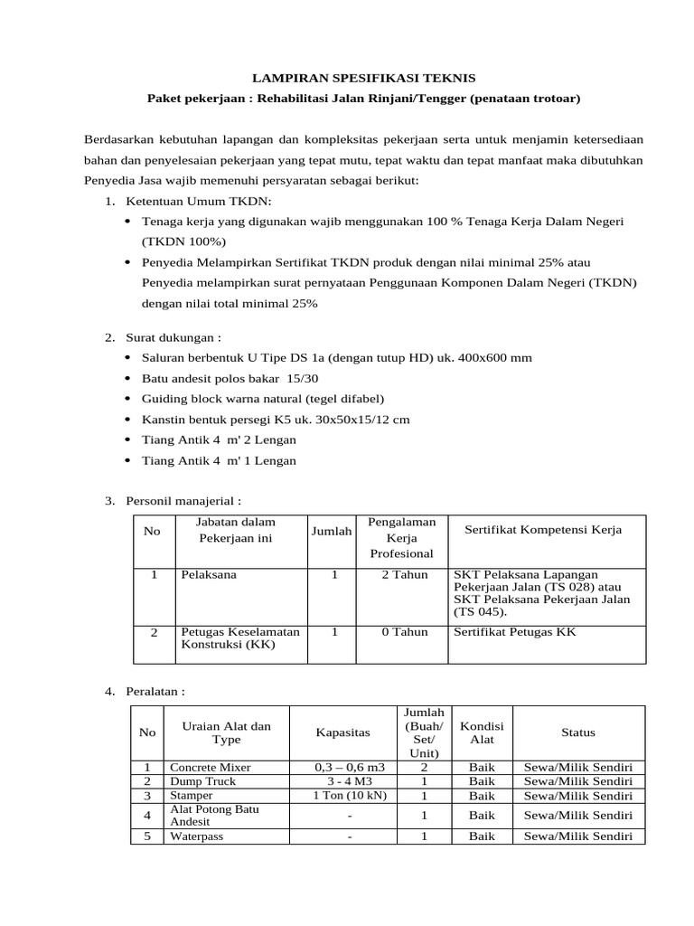 LAMPIRAN SPESIFIKASI TEKNIS Trotoar Rinjani | PDF