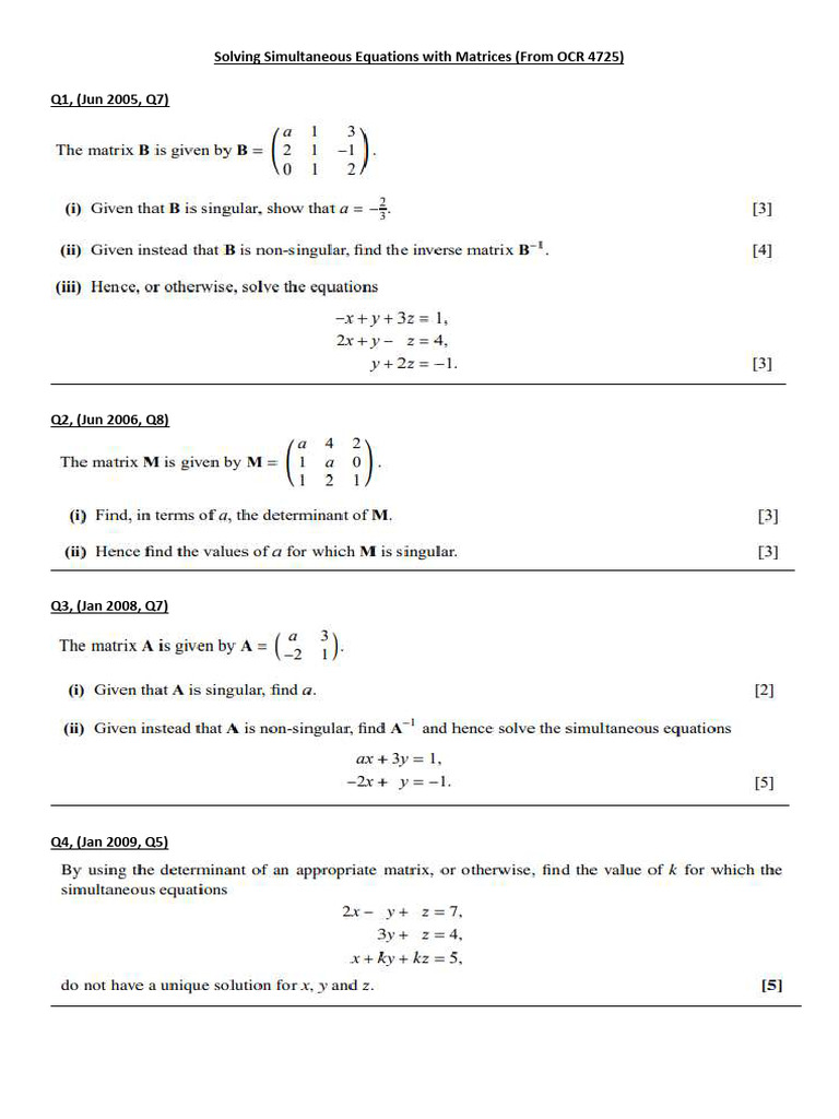 Matrices - Solving Simultaneous Equations Exam Questions | PDF