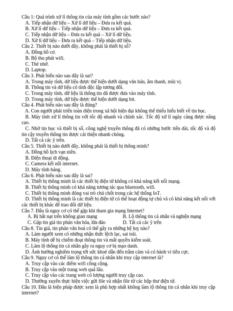 Đề Ôn Tập Tin 10 HK1 | PDF