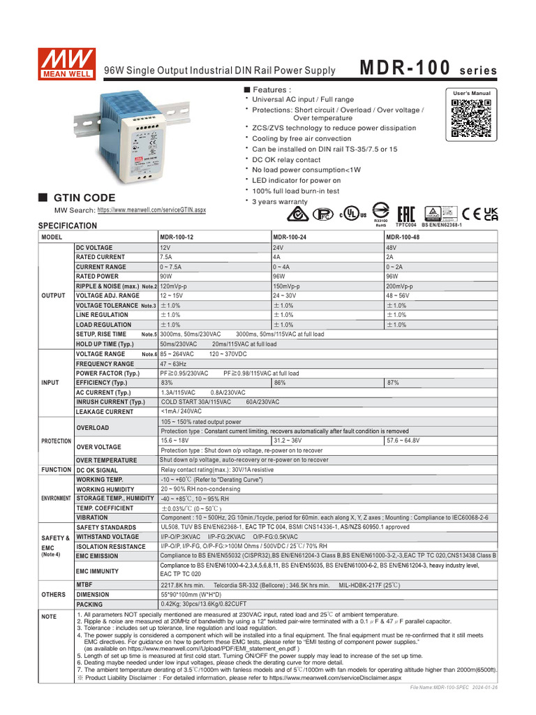 MDR-100-spec | PDF | Power Supply | Rectifier
