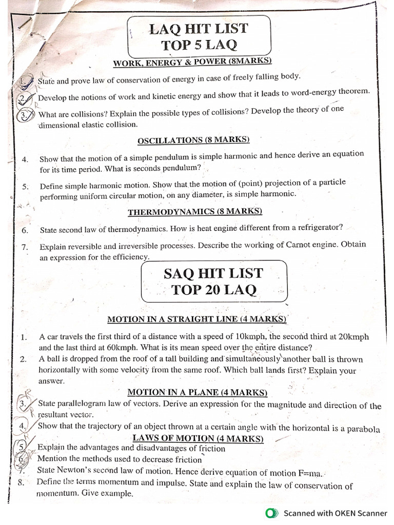 Physics 1st Year IMp Questions | PDF