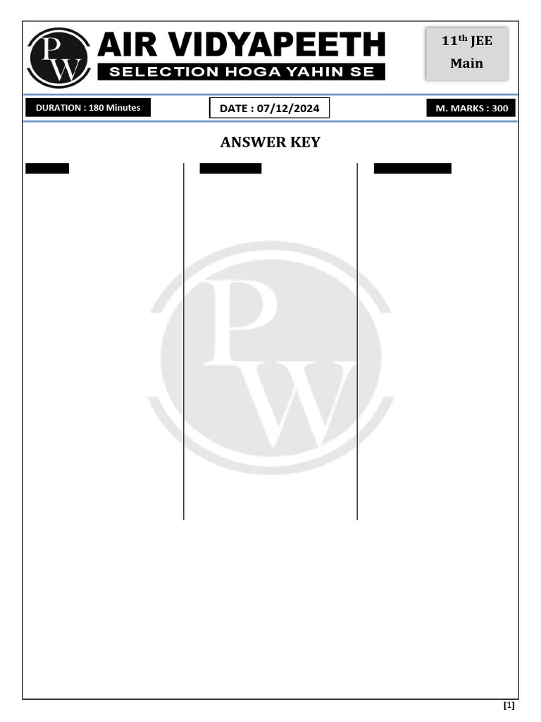 JEE Main 11th Physics Answer Key | PDF | Spacetime | Physical Quantities