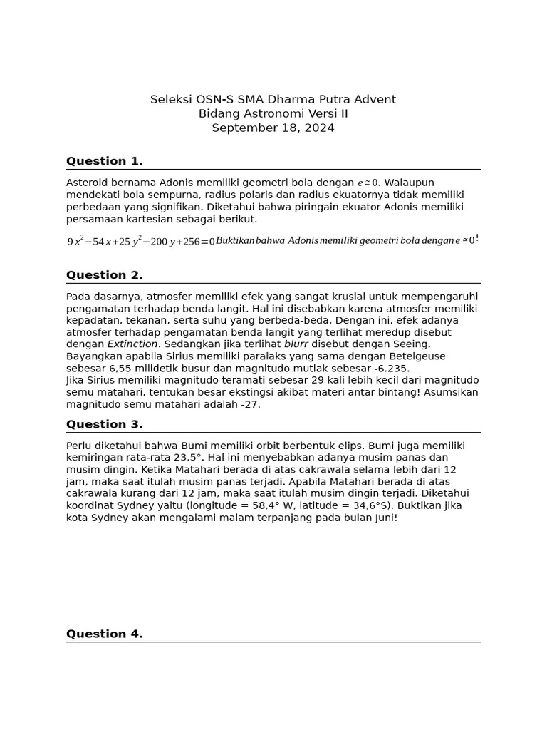 Ver 2 Soal Simulasi OSN-S Astronomi SMA Dharma Putra Advent | PDF