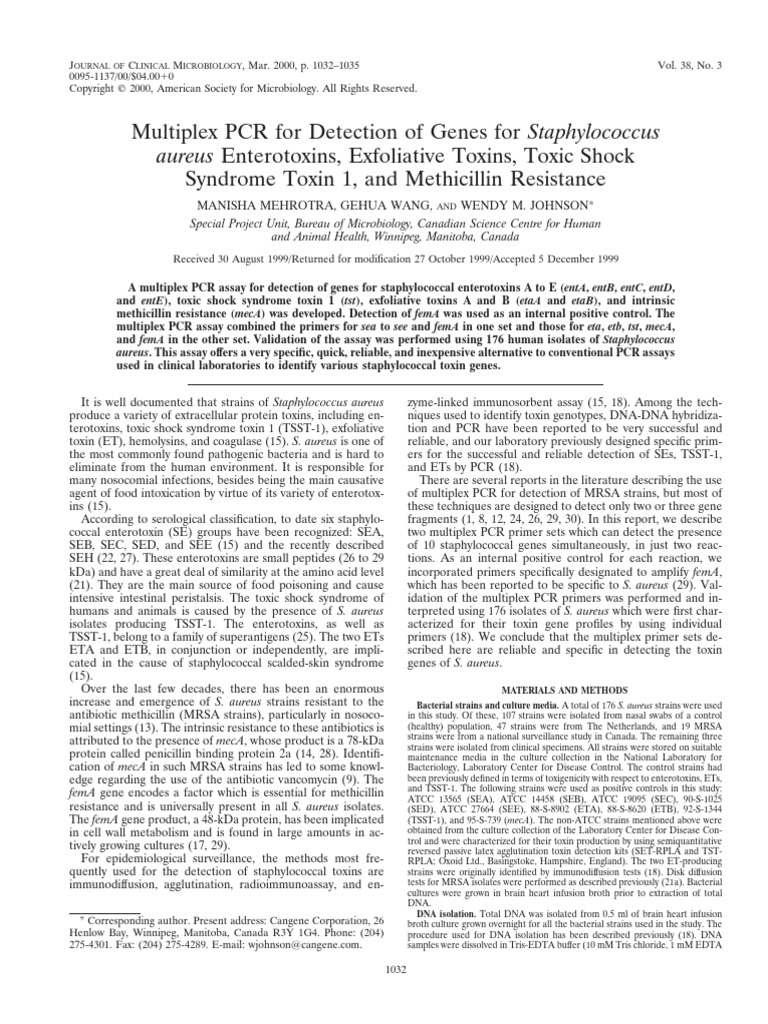 Multiplex PCR for Detection of Genes for Staphylococcus | PDF | Staphylococcus | Polymerase ...