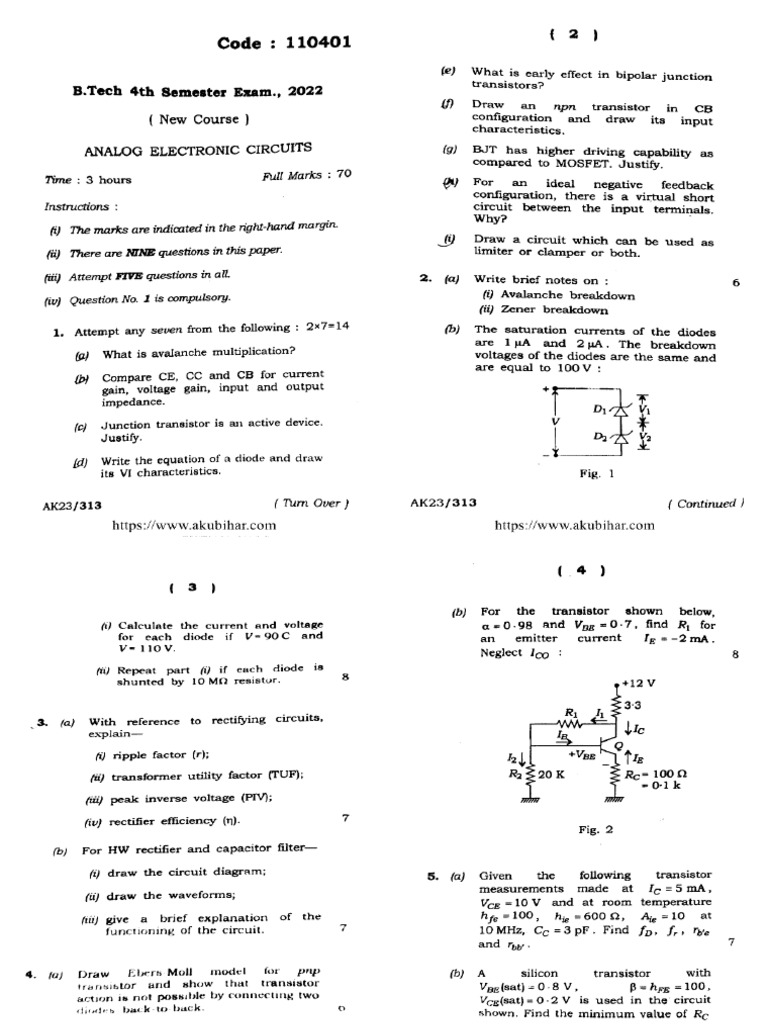 Btech Eee 4 Sem Analog Electronic Circuits 110401 2022 | PDF