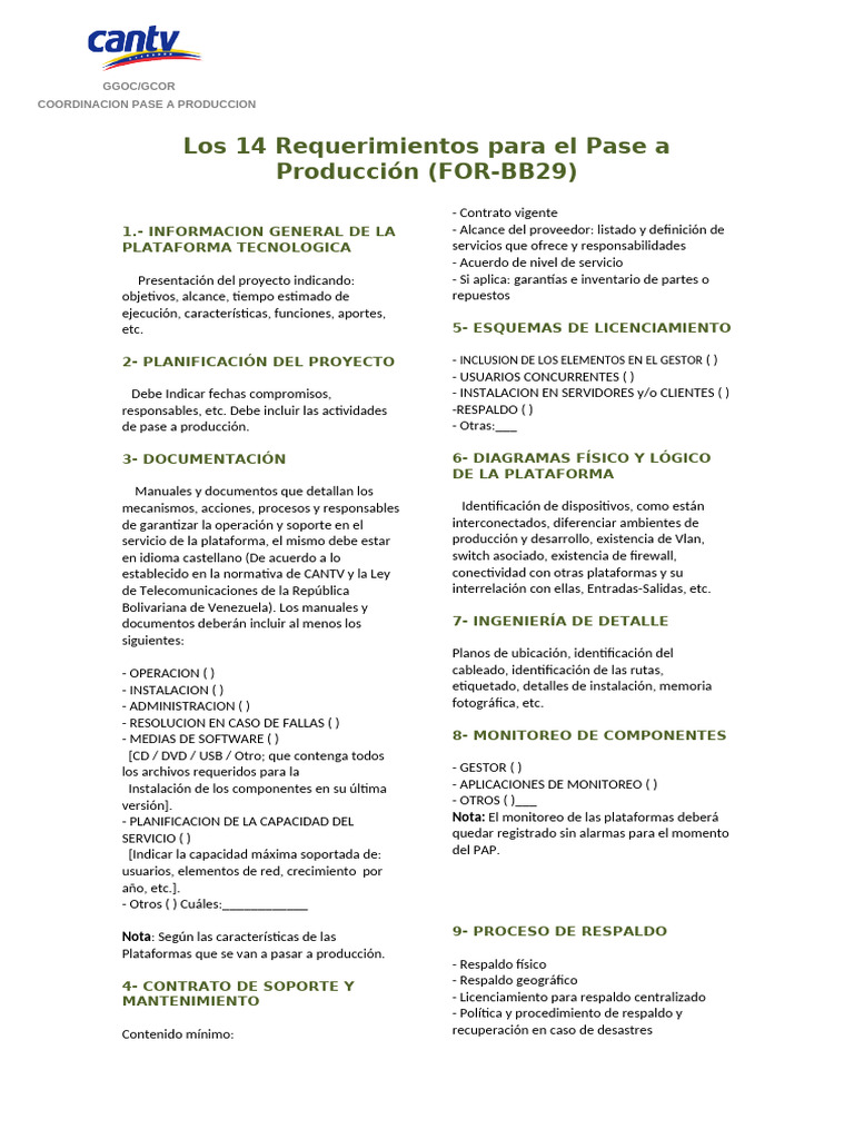 Requerimientos for-bb29 Para El Pase a Produccion (1) | PDF ...