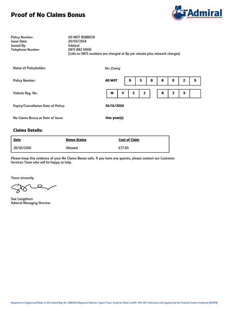 No Claims Bonus Proof Document | PDF