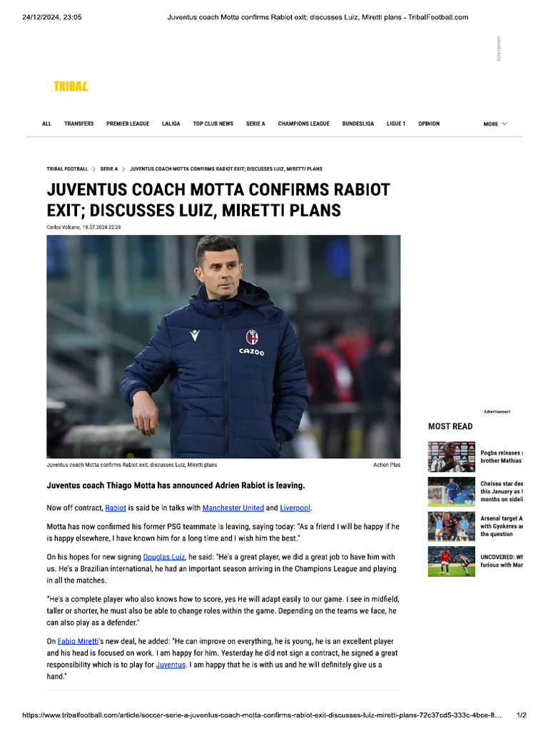 Juventus Coach Motta Confirms Rabiot Exit | PDF