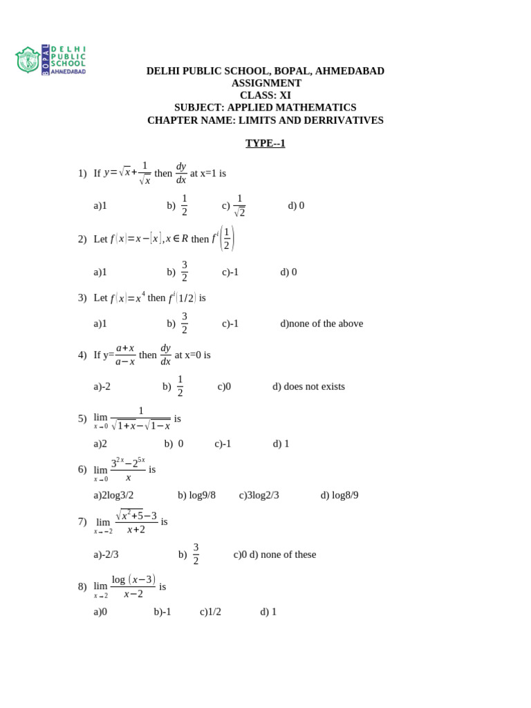 Limits and Derivatives Assignment Applied | PDF | Calculus | Subtraction