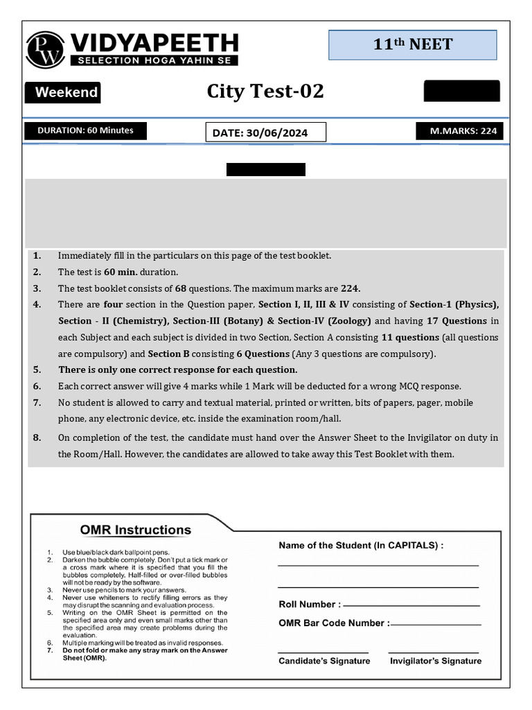 Phase-01 - 11th NEET - City Test-02 - (30-06-2024) | PDF | Acceleration ...