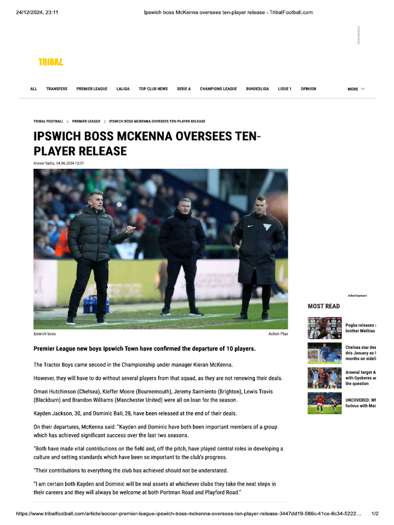 Ipswich Boss McKenna Oversees Ten-Player Release | PDF