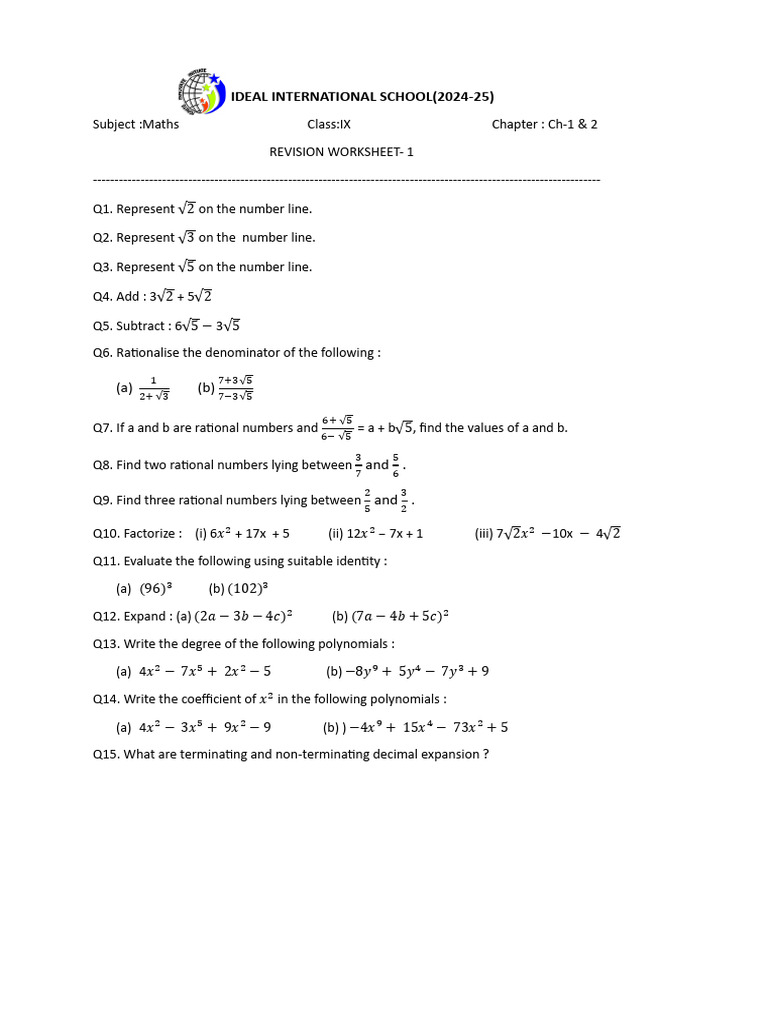 Revision Worksheet | PDF