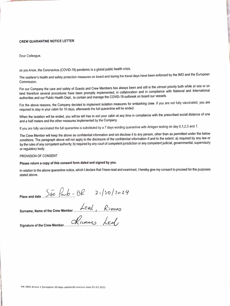 Crew Quarantine Notice Richard | PDF | Quarantine | Pandemic