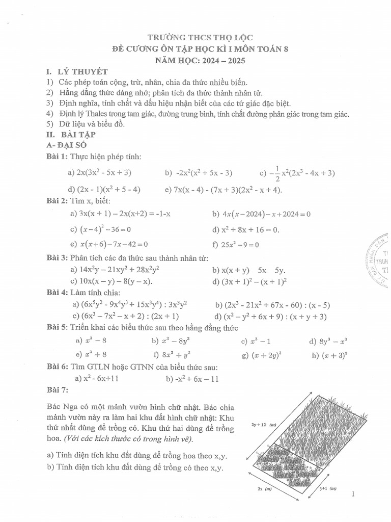 De Cuong Hoc Ki 1 Toan 8 Nam 2024 2025 Truong Thcs Tho Loc Ha Noi | PDF