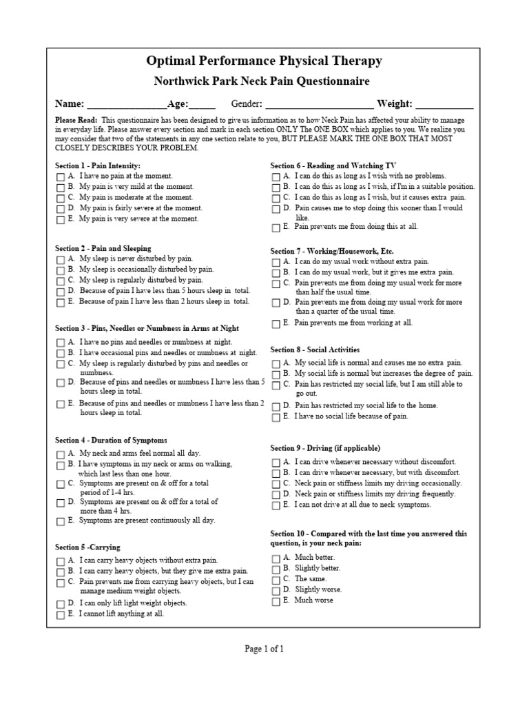 Northwick Park Neck Pain Questionnaire | PDF | Pain | Paresthesia