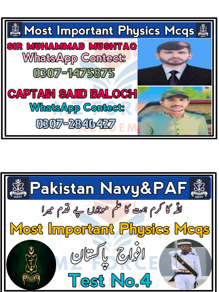 ⚓Navy and PAF Physics Mcqs Test No. 4⚓ | PDF
