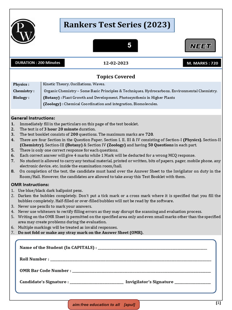 Part Test 05 Questions Ranker NEET Test Series PDF | PDF | Chemistry ...