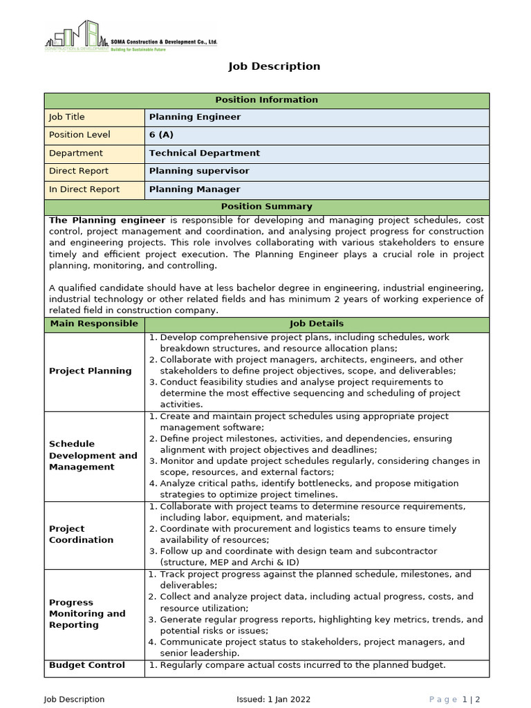 Planning Engineer Job Description | PDF | Project Management | Business