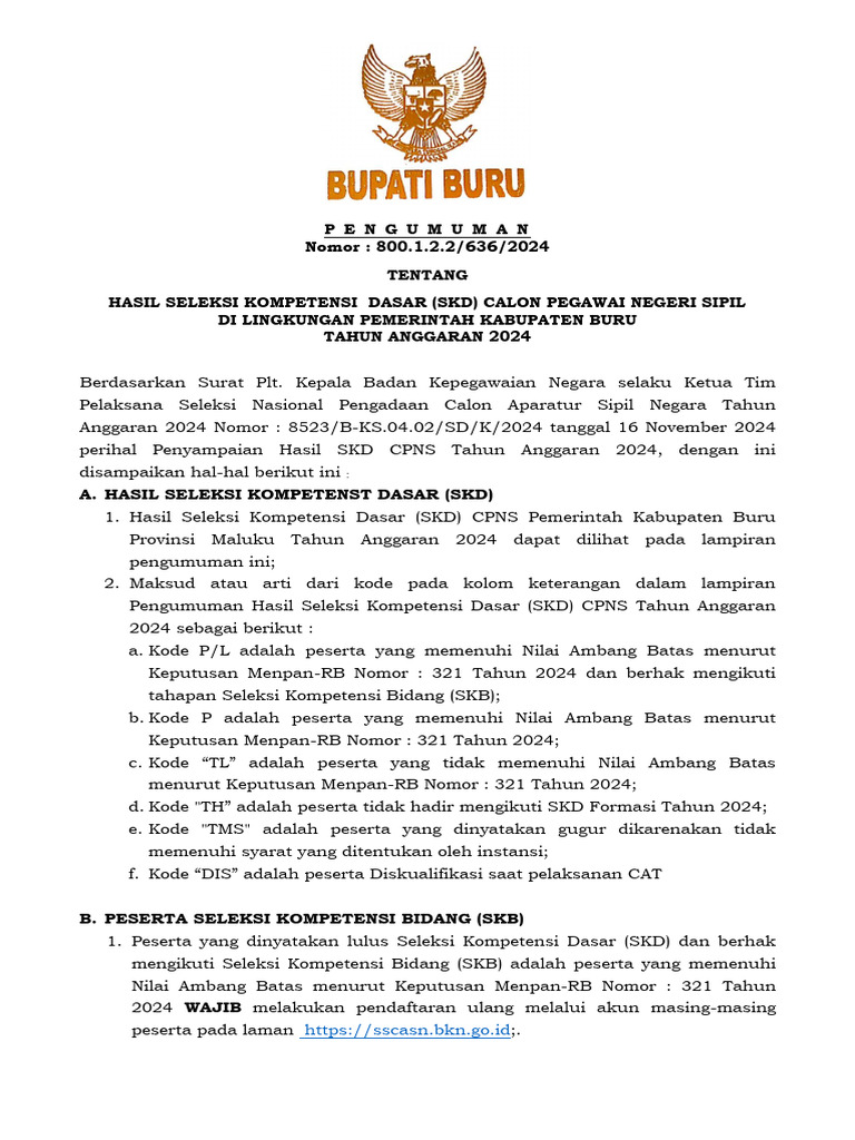 Pengumuman Hasil Seleksi SKD Cpns Kab. Buru Tahun 2024 | PDF