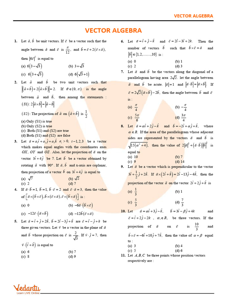 JEE Main Vector Algebra Practice Paper With Solutions Download PDF ...
