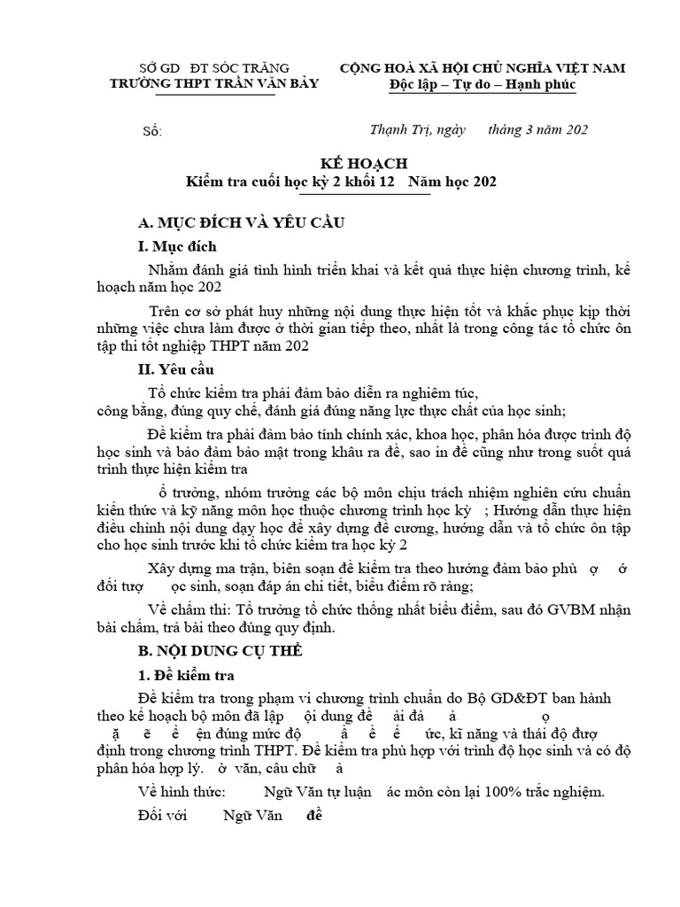 114-KH-TVB_Ke hoach to chuc kiem tra Cuoi Hk2 khoi 12_2023-2024 | PDF