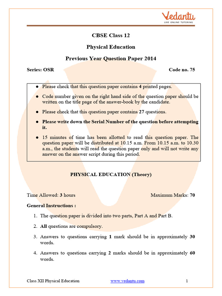 CBSE Class 12 Physical Education Question Paper 2014 (+solution PDF ...