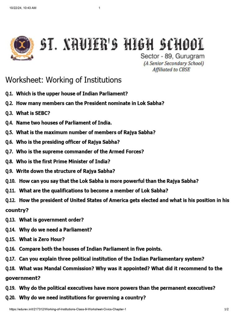 Working of Institutions Class 9 Worksheet Civics Chapter 1 | PDF
