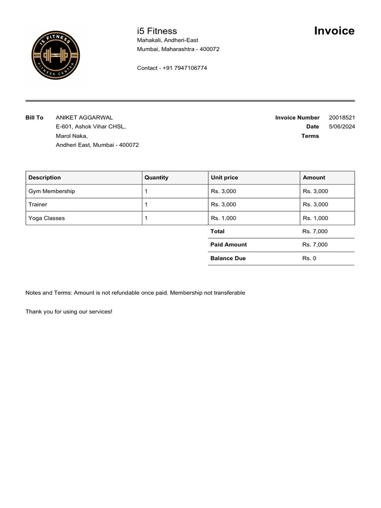 Fitness Invoice for Aniket | PDF