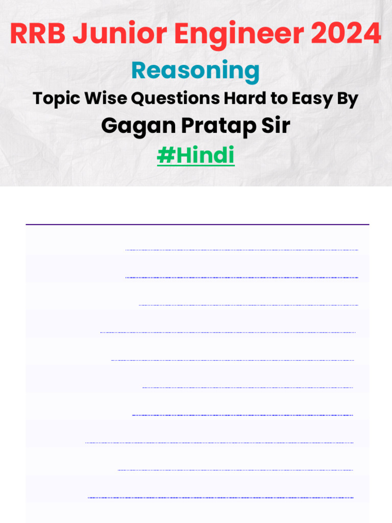 RRB JE 2024 Reasoning (Topic - Wise) Hard To Easy (Hindi) | PDF