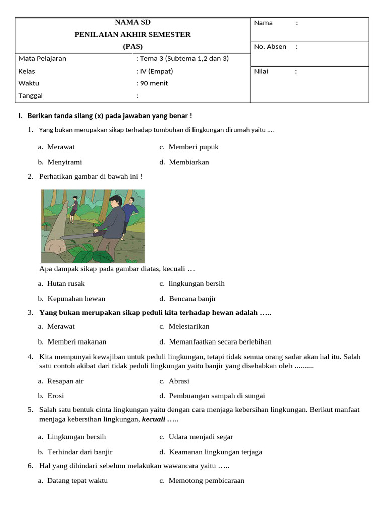 SOAL PAS TEMA 3 Kelas 4 (Infodikdasmen.com) | PDF