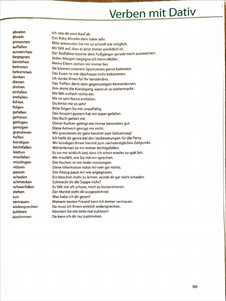 B1 Wichtigste Verben Mit Dativ | PDF